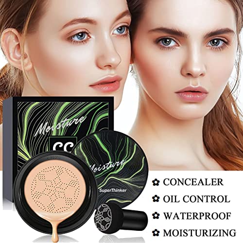 SuperThinker Air Cushion CC Cream Mushroom Head Foundation, Moisturizing BB Cream Makeup Long Lasting Matte Concealer (Natural)