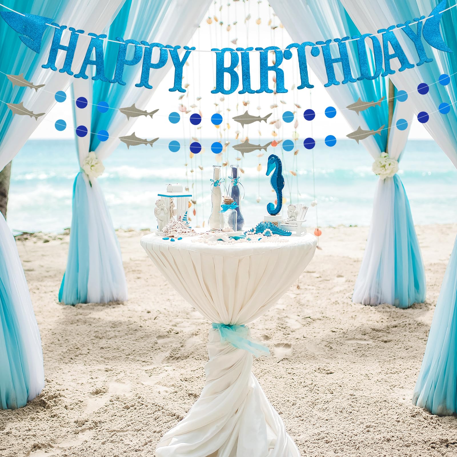 Shark Happy Birthday Banner and Shark Garlands, Ocean Beach Under The Sea Theme Party, Shark Party Supplies (Blue)