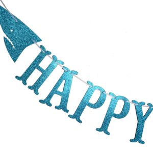 Shark Happy Birthday Banner and Shark Garlands, Ocean Beach Under The Sea Theme Party, Shark Party Supplies (Blue)