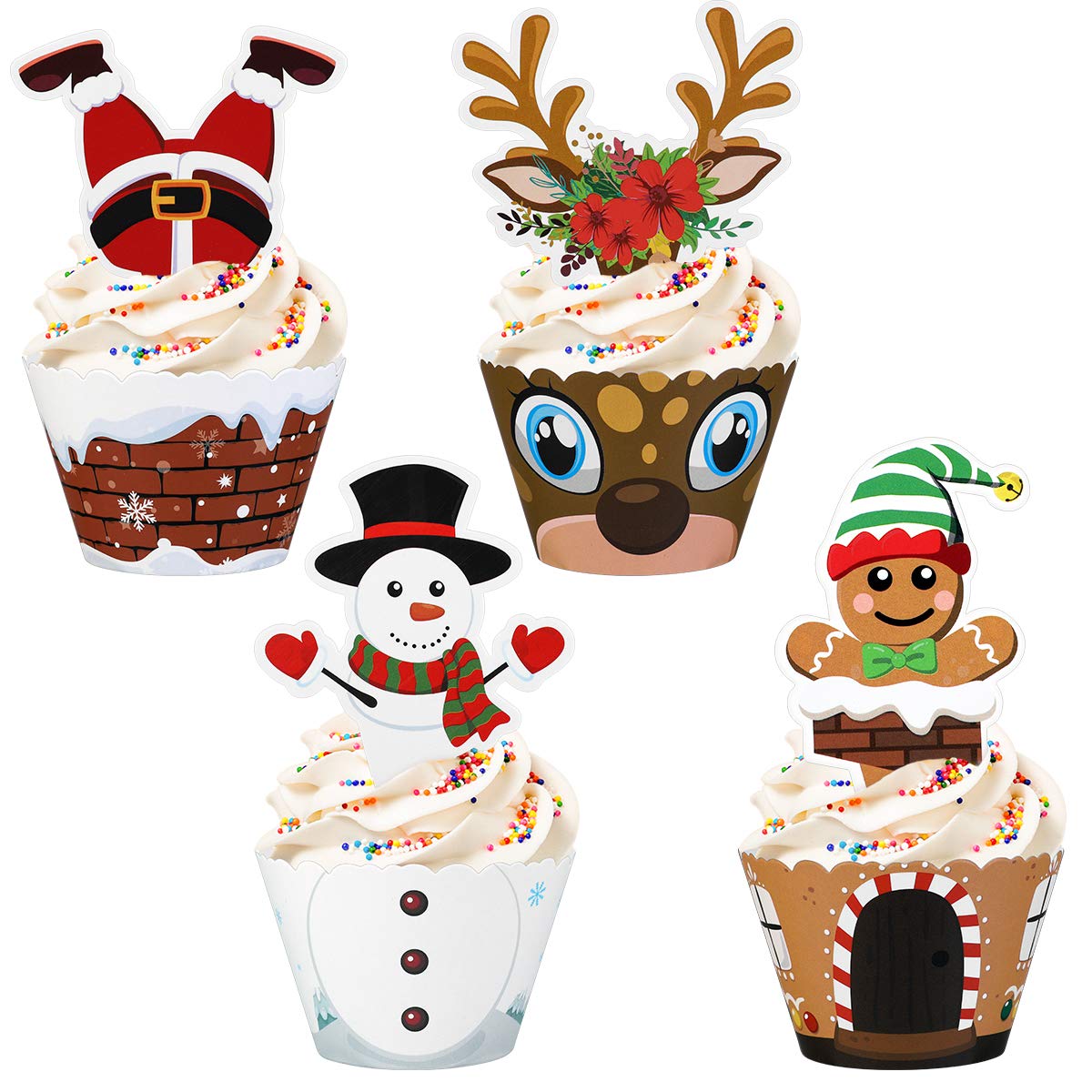 Hemoton 72Pcs Christmas Cupcake Toppers and Wrappers Cute Cupcake Dessert Decoration Unique Party Favors for Christmas Party