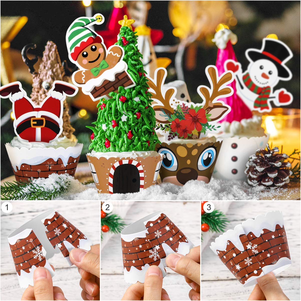 Hemoton 72Pcs Christmas Cupcake Toppers and Wrappers Cute Cupcake Dessert Decoration Unique Party Favors for Christmas Party