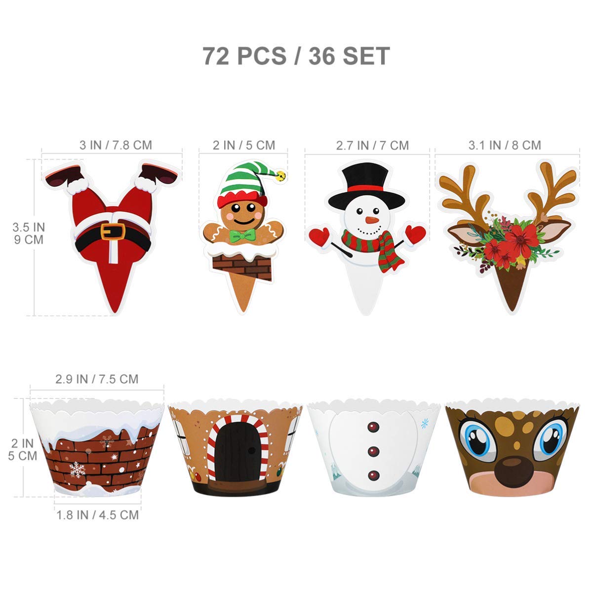 Hemoton 72Pcs Christmas Cupcake Toppers and Wrappers Cute Cupcake Dessert Decoration Unique Party Favors for Christmas Party