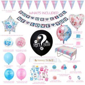 Gender Reveal Party Supplies - (200 Pieces) 36 Inch Reveal Balloon, Boy or Girl Banner, Mommy To Be Sash, Baby Shower Decorations, Foil Balloons and Boy Or Girl Balloons, Team Girl & Boy Stickers