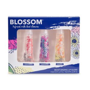 Blossom Scented Moisturizing Lip Gloss Tubes, Infused with Real Flowers, 0.9 fl. oz/27ml, 3 pack Gift Set, Strawberry/Raspberry/Mango