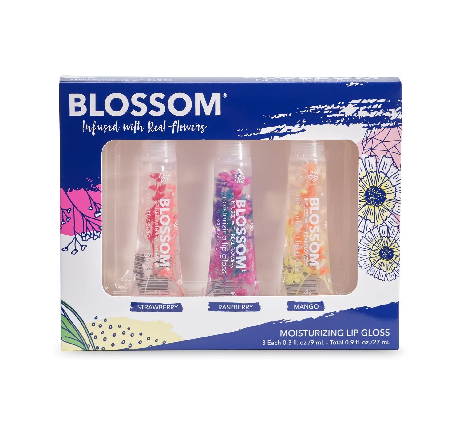 Blossom Scented Moisturizing Lip Gloss Tubes, Infused with Real Flowers, 0.9 fl. oz/27ml, 3 pack Gift Set, Strawberry/Raspberry/Mango