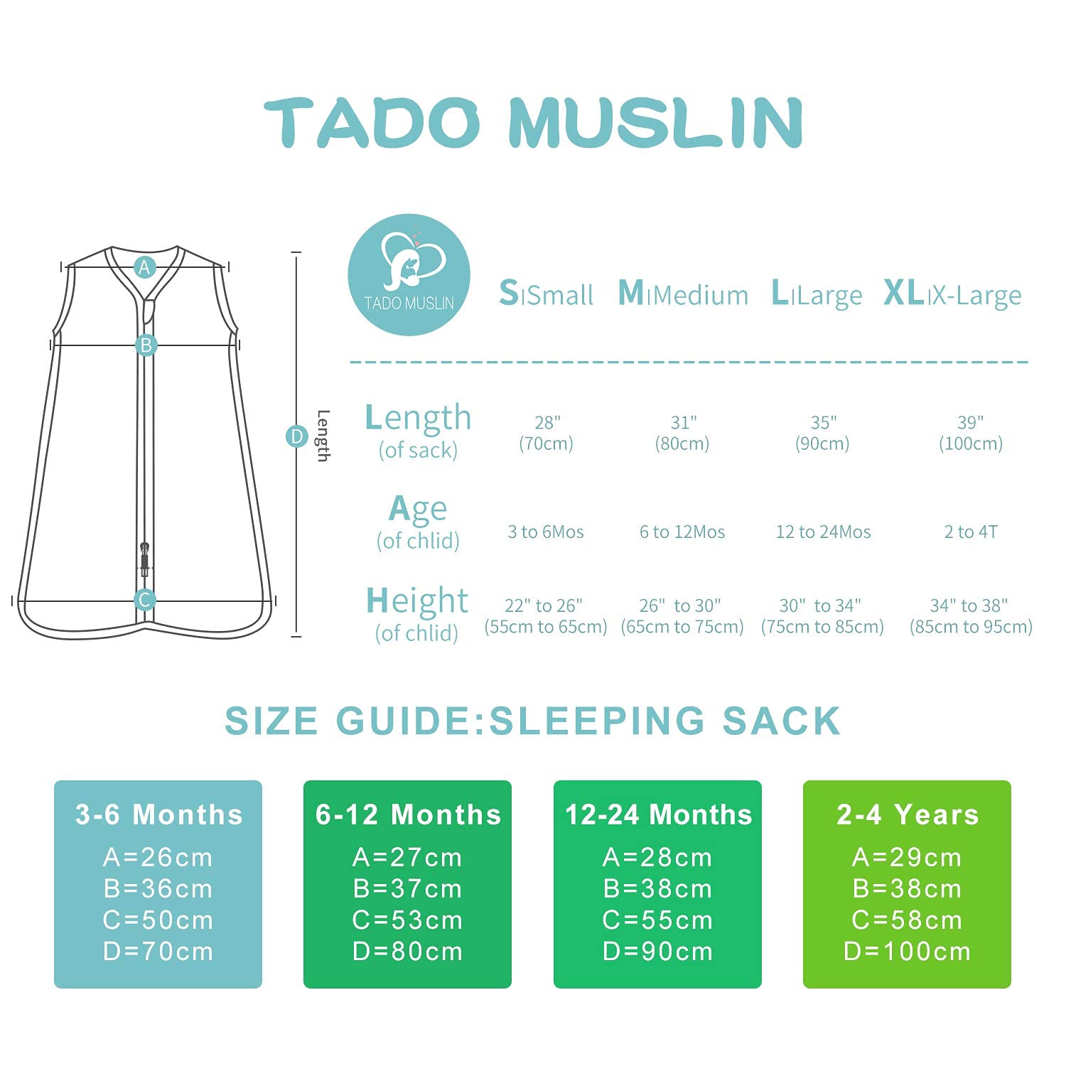 TADO MUSLIN Baby Sleep Sack 2-4 T Boys & Girls Wearable Blanket 100% Organic Cotton 0.5 TOG Toddler Sleeping Sack 2- Way Zipper X-Large