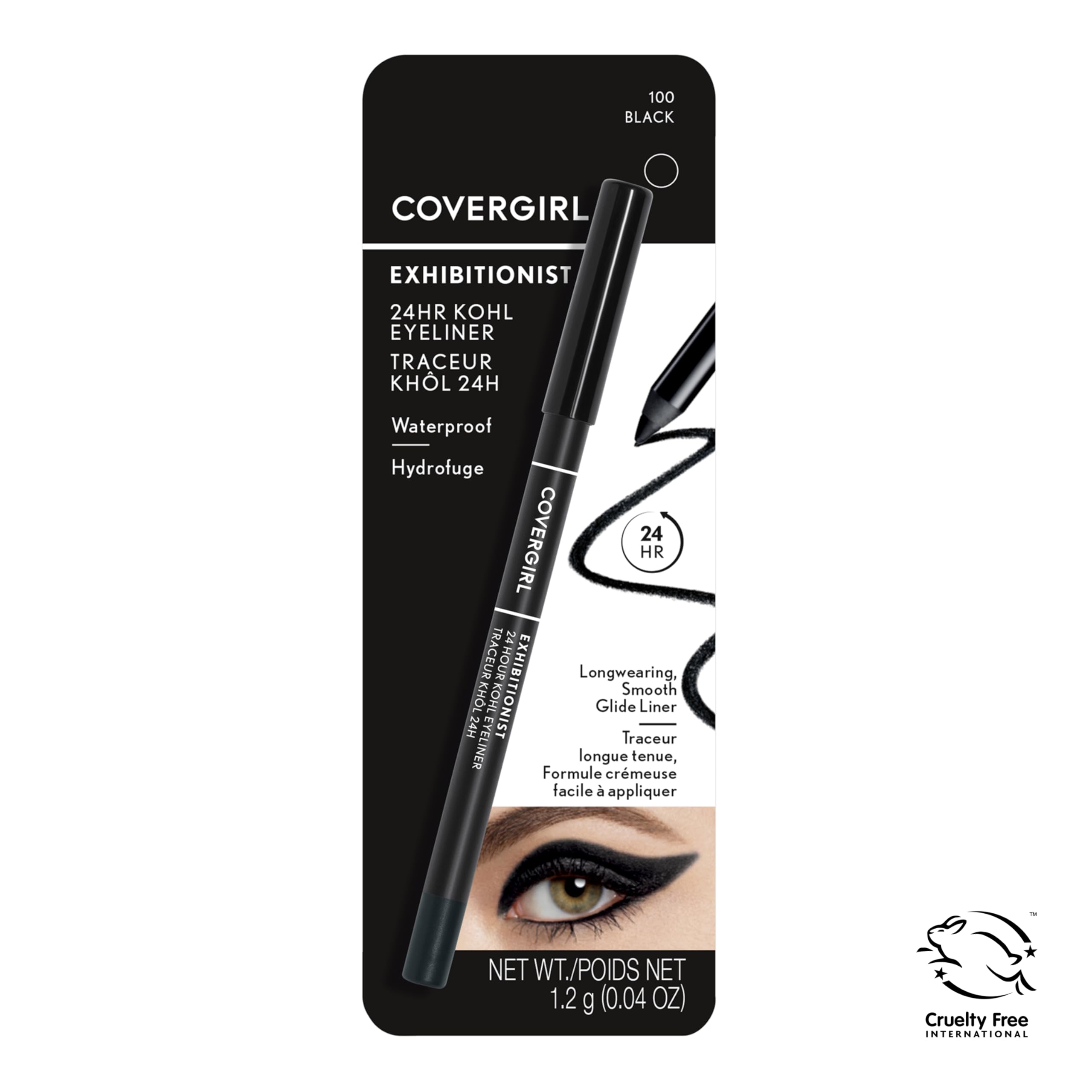 COVERGIRL Exhibitionist 24-Hour Kohl Eyeliner, Black, Gel Eyeliner, 0.04 Fl Oz,Black Eyeliner, Long Lasting Eyeliner, Gel Eyeliner Pencil, Glides On, Waterproof Eyeliner