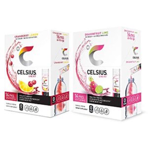 celsius on-the-go powder stick, combo pack of dragonfruit lime and cranberry lemon, 28 piece assortment