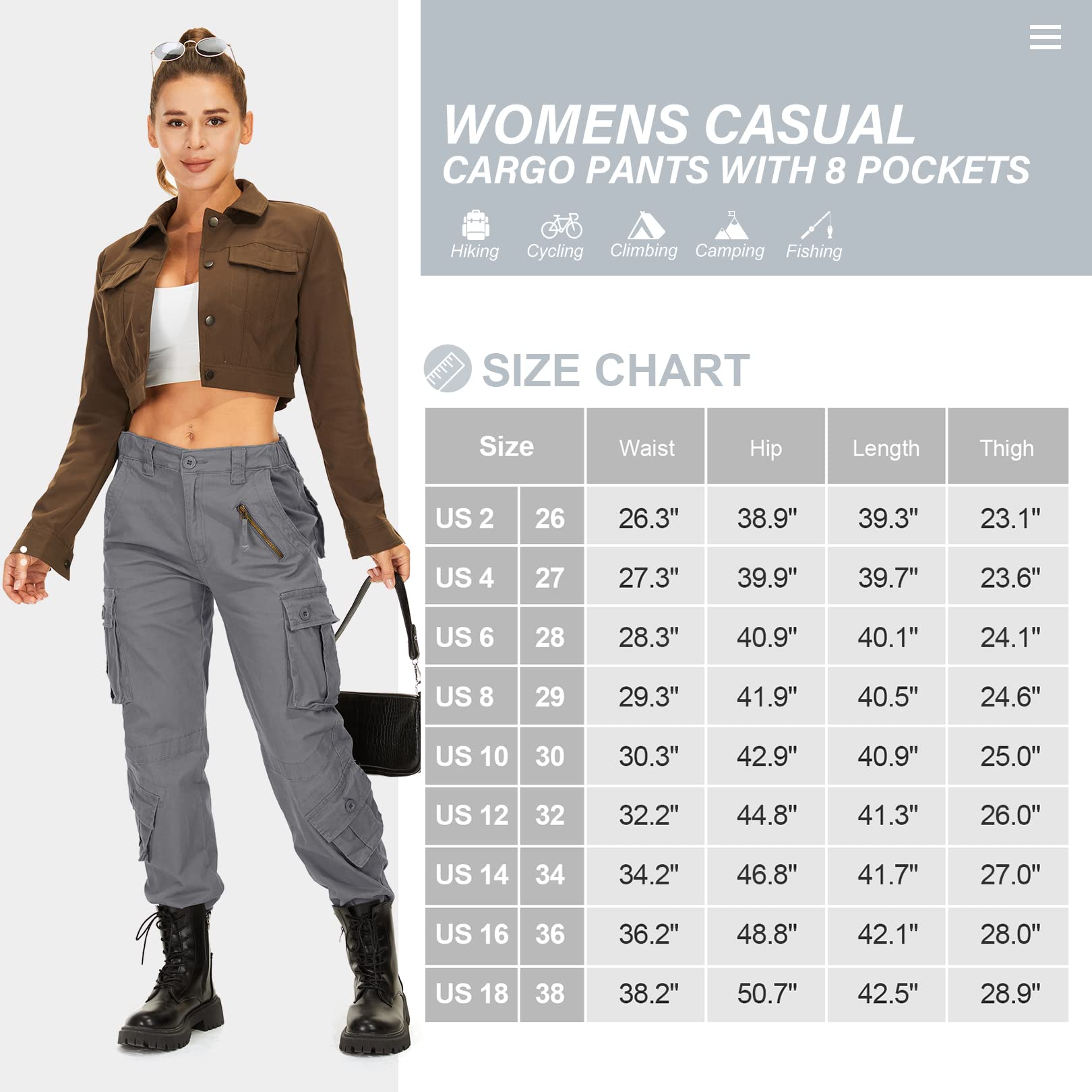 Alfiudad Women's Cargo Pants Tactical Military Army Hiking Combat Work Pants Trousers with 8 Pockets,Grey,30(US 10)