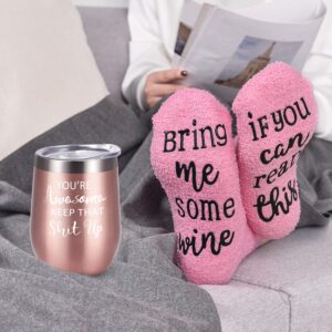 Wine Tumbler Cupcake Wine Socks Gift Set, Birthday Christmas Gift for Her Women Girlfriend Lover Girls, You're Awesome 12 Oz Stainless Steel Wine Tumbler with Lid, Socks, Bottle Opener, Wine Stopper