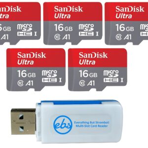 SanDisk 16GB Micro Ultra Memory Card (5 Pack Bundle) 98MB/s Speed Class 10, SDHC Works with Android Phones, Galaxy Tablets (SDSQUAR-016G-GN6MN) Plus 1 Everything But Stromboli (TM) MicroSD Card Reader