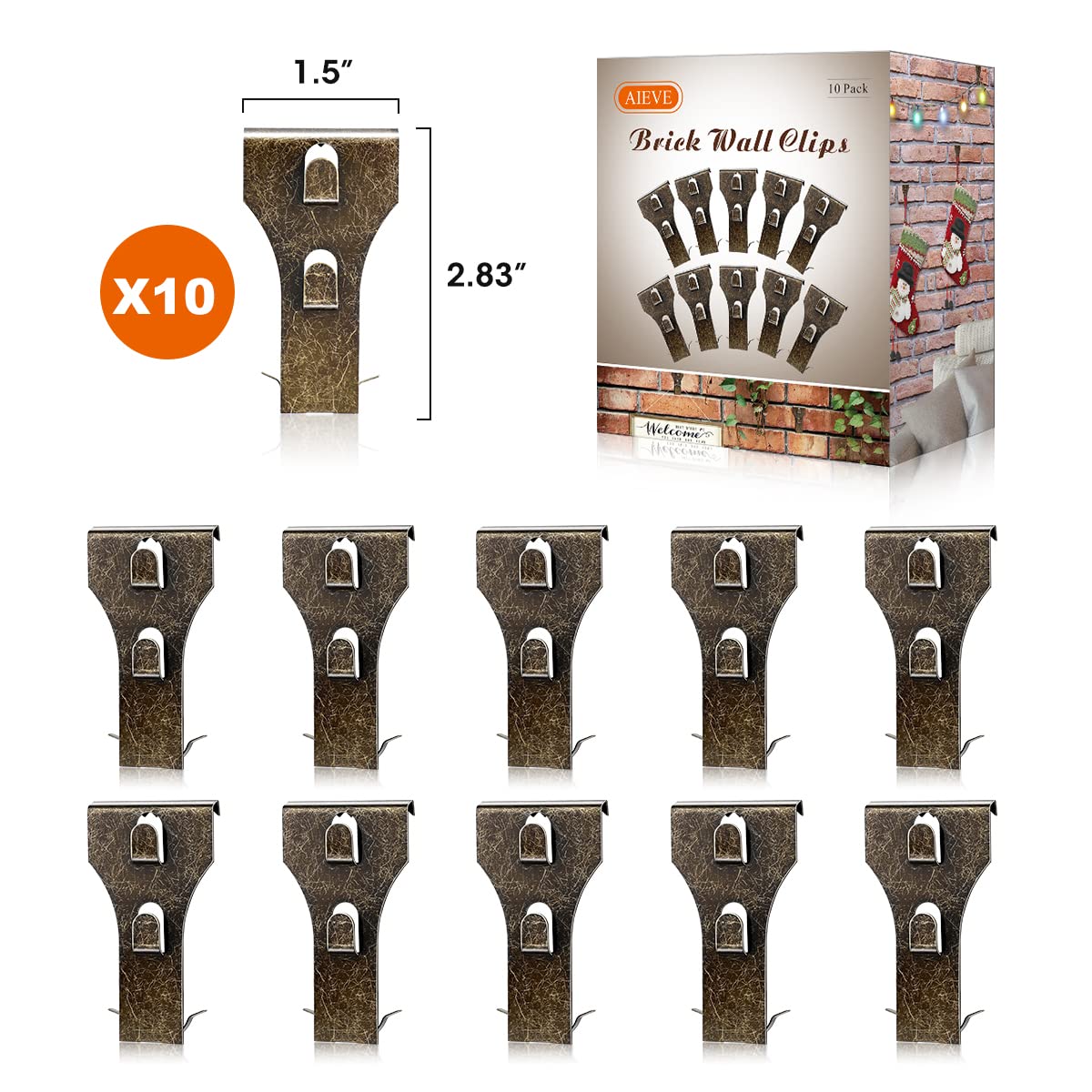 AIEVE Brick Wall Clips for Hanging Outdoors, Brick Hooks Brick Hangers No Drill, Fit 2-1/4 to 2-2/5(10 Pack)