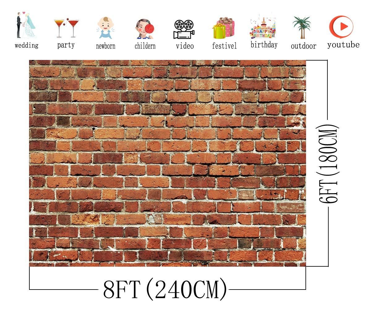 AIIKES 8x6FT Red Brick Wall Photography Backdrop Thin Vinyl Photo Backdrops Background Baby Birthday Party Wedding Graduation Home Decoration Photo Booth Studio Prop Banner 11-506