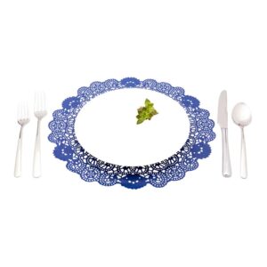 restaurantware pastry tek 12 x 12 inch lace doilies 100 decorative tableware placemats - disposable round navy blue paper table doilies for birthdays or weddings table decor