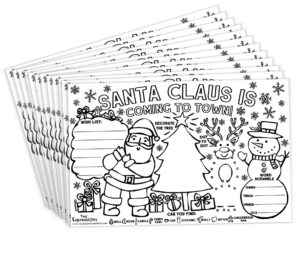 tiny expressions – christmas santa placemats for kids (pack of 12 holiday placemats) | coloring activity paper mats for kids table | disposable bulk bundle set