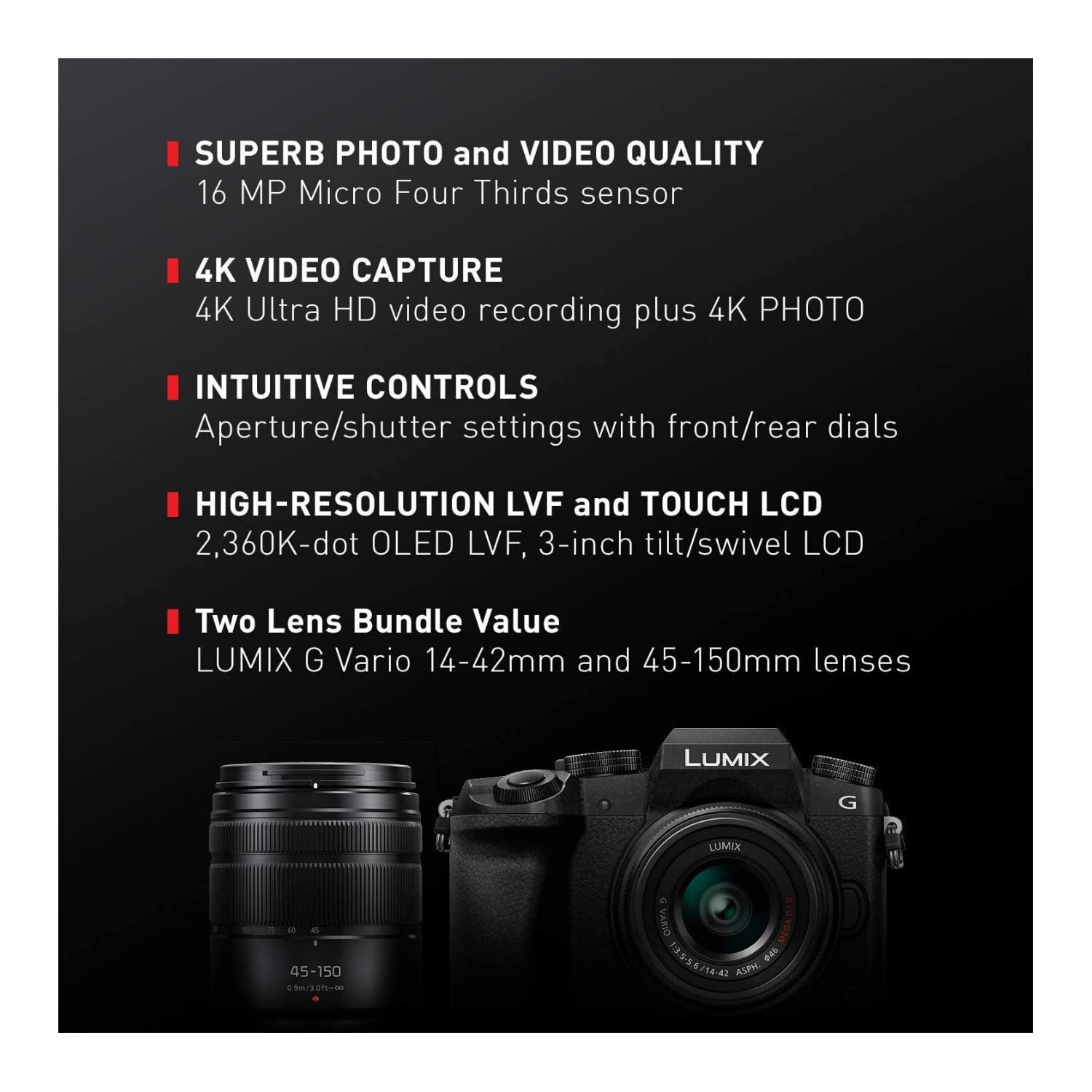 PANASONIC LUMIX G7 4K Digital Mirrorless Camera Bundle with LUMIX G Vario 14-42mm and 45-150mm Lenses, 16MP, 3-Inch Touch LCD, DMC-G7WK (Renewed)