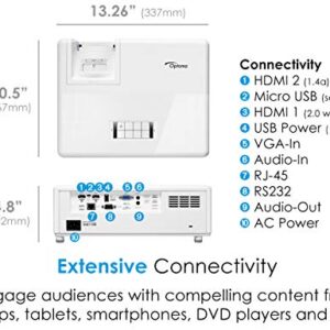 Optoma ZW403 WXGA Professional Laser Projector | DuraCore Laser Light Source Up To 30,000 Hours | Crestron Compatible | 4K HDR Input | High Bright 4500 lumens | 2 Year Warranty, White