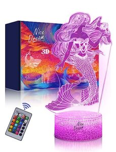 nice dream mermaid night light for kids, 3d night lamp, 16 colors changing with remote control, room decor, gifts for children girls boys