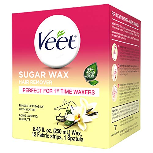 VEET Sugar Wax Hair Remover - Perfect for First Time Waxers - Contains 12 Fabric Strips & 1 Spatula with a Temperature Indicator 8.45 Ounce (Pack of 1)