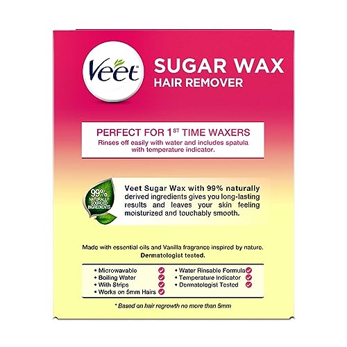 VEET Sugar Wax Hair Remover - Perfect for First Time Waxers - Contains 12 Fabric Strips & 1 Spatula with a Temperature Indicator 8.45 Ounce (Pack of 1)