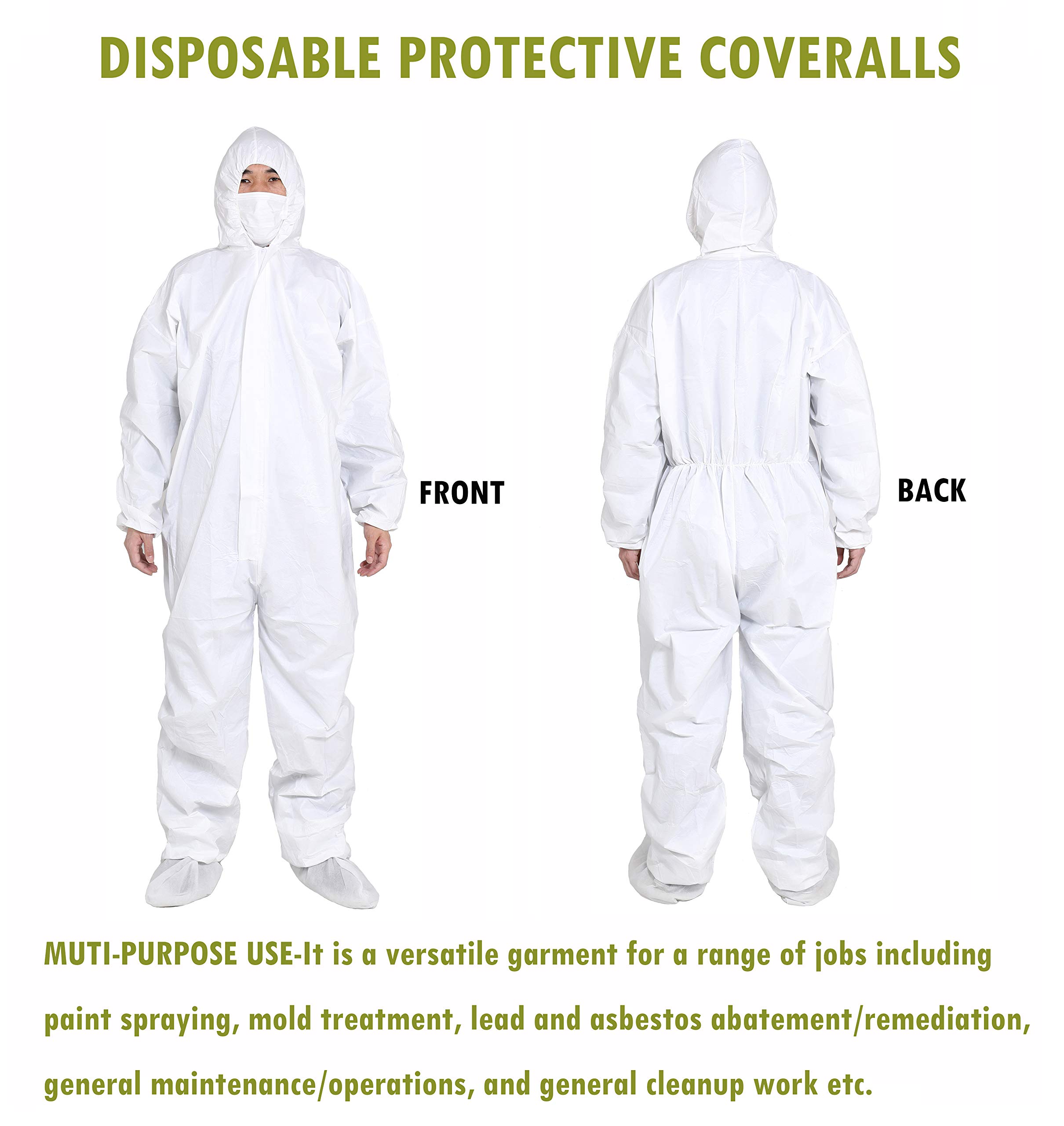 SYINE Pack of 5 XL Disposable Protective Coverall with Hood, Elastic Cuff for Spray Painting Cleaning Work,Breathable & Durable