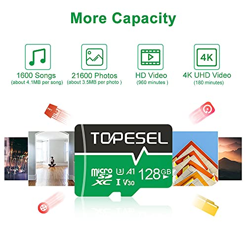 TOPESEL 128GB Micro SD Card Memory Cards A1 V30 U3 Class 10 Speed up to 90m/s Micro SDXC UHS-I TF Cards for Camera/Drone/Dash Cam (1 Pack U3 128GB)