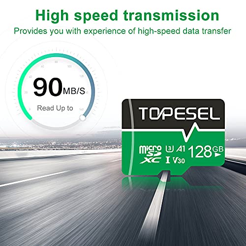 TOPESEL 128GB Micro SD Card Memory Cards A1 V30 U3 Class 10 Speed up to 90m/s Micro SDXC UHS-I TF Cards for Camera/Drone/Dash Cam (1 Pack U3 128GB)