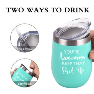 Thank You Gifts, You're Awesome Wine Tumbler, Birthday Christmas Gifts for Women Friends Wife Mom, 12 Oz Insulated Stainless Steel Wine Tumbler with Lid, Funny Ideas for Women Friends Girlfriend, Mint