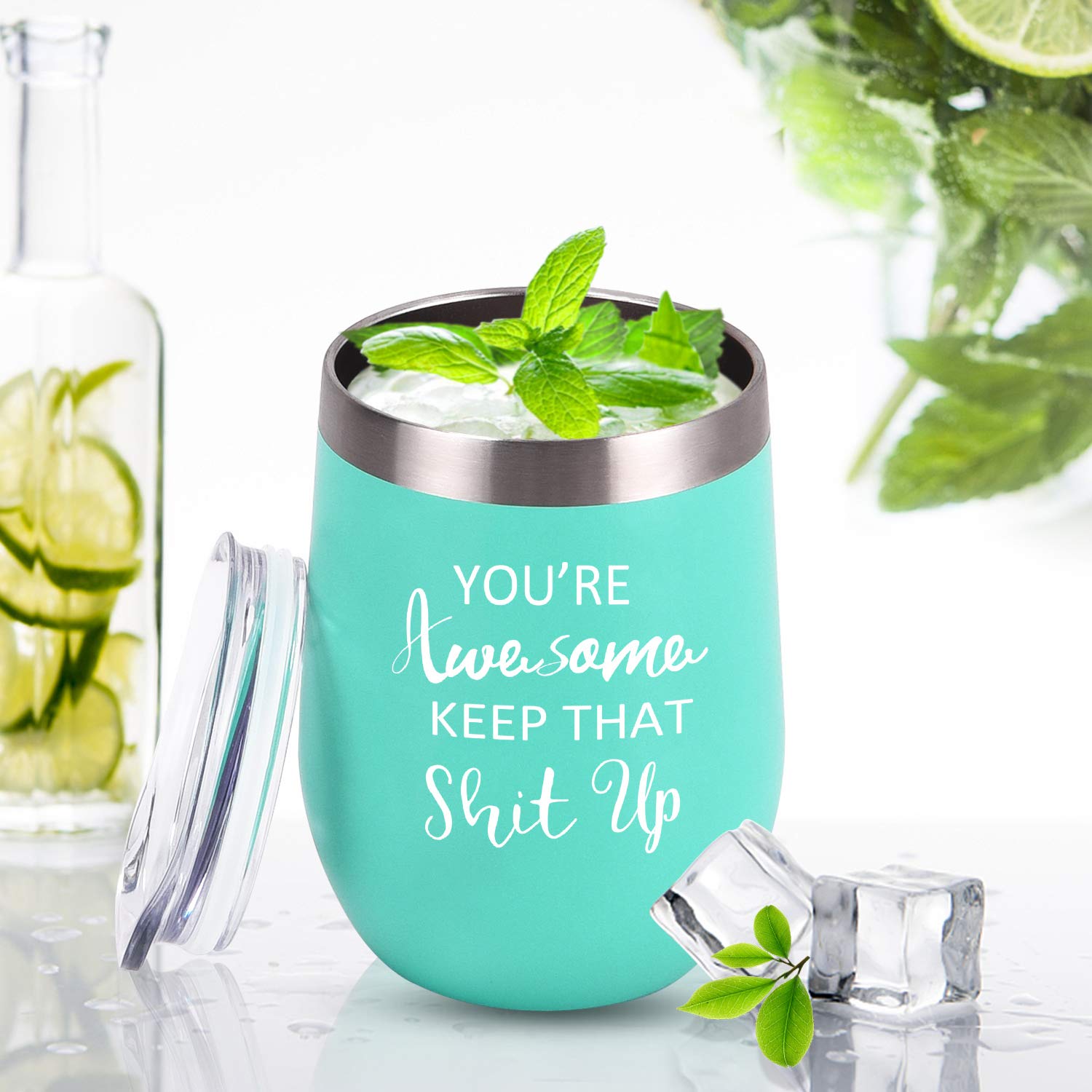 Thank You Gifts, You're Awesome Wine Tumbler, Birthday Christmas Gifts for Women Friends Wife Mom, 12 Oz Insulated Stainless Steel Wine Tumbler with Lid, Funny Ideas for Women Friends Girlfriend, Mint