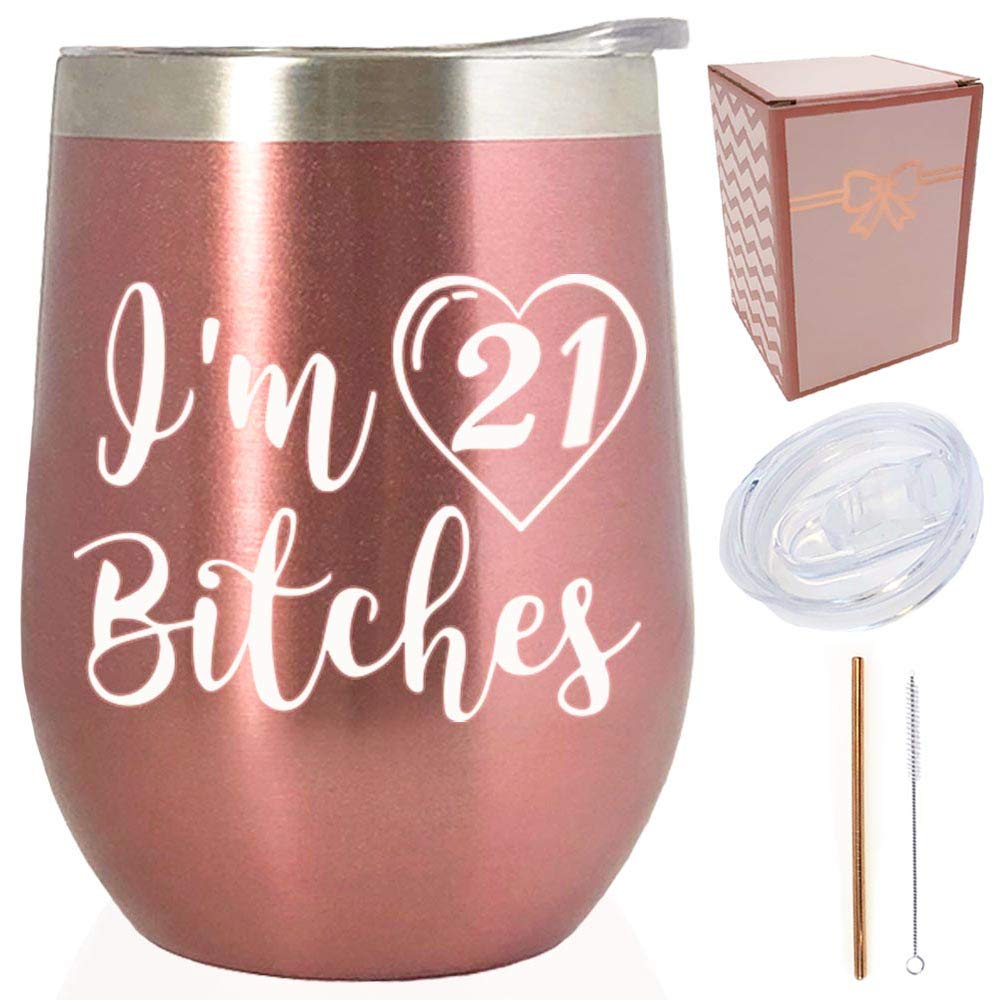 21st Birthday Gifts for her - I'm 21 Finally Legal Rose Gold 12 oz Stainless Steel Wine Tumbler/Insulated Coffee Cup/Glass w/Lid & Straw | Funny Sayings Gift Ideas for Best Friends,Sisters,Daughter