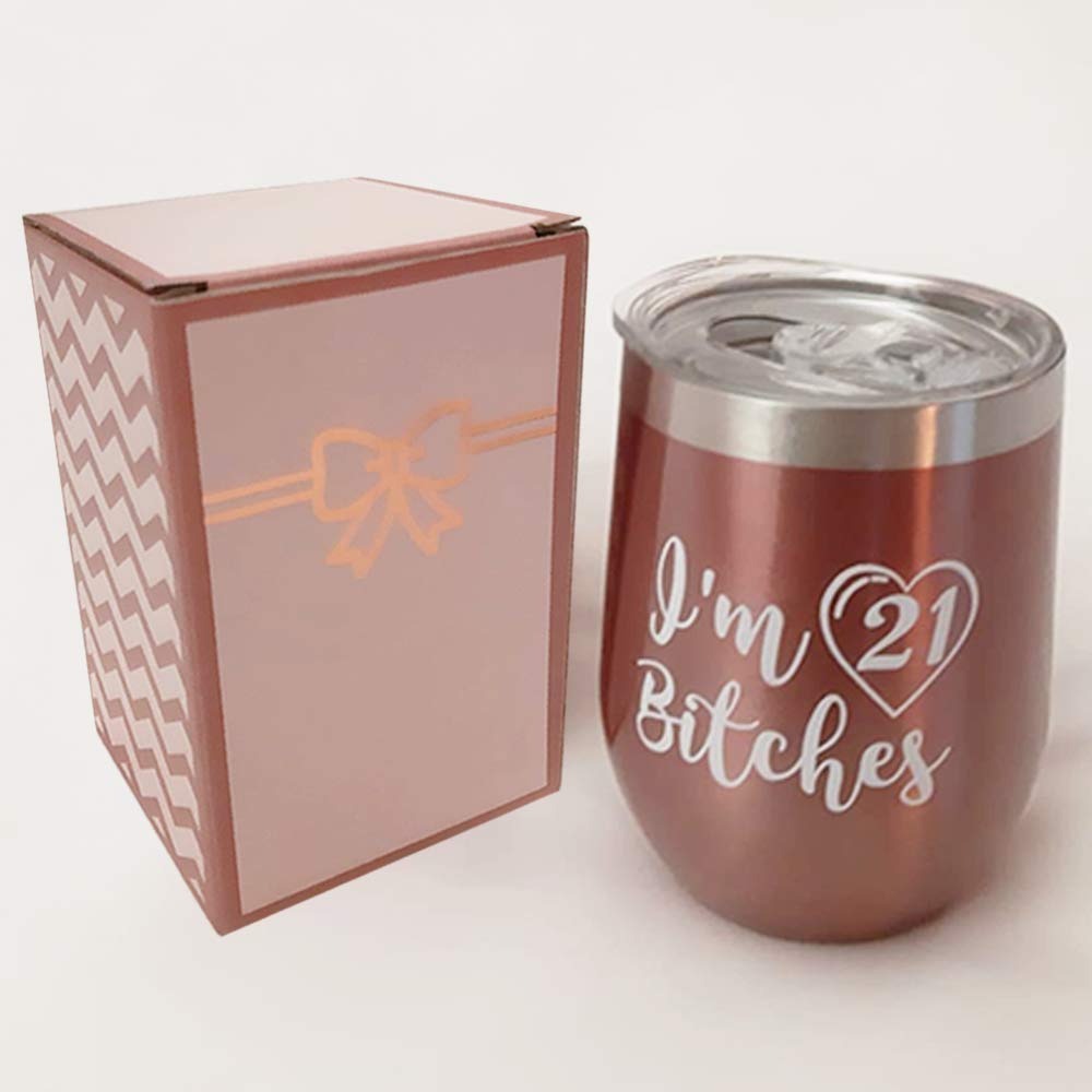 21st Birthday Gifts for her - I'm 21 Finally Legal Rose Gold 12 oz Stainless Steel Wine Tumbler/Insulated Coffee Cup/Glass w/Lid & Straw | Funny Sayings Gift Ideas for Best Friends,Sisters,Daughter