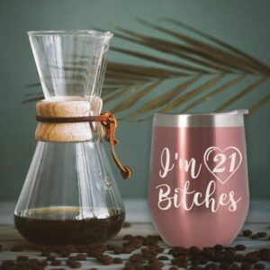 21st Birthday Gifts for her - I'm 21 Finally Legal Rose Gold 12 oz Stainless Steel Wine Tumbler/Insulated Coffee Cup/Glass w/Lid & Straw | Funny Sayings Gift Ideas for Best Friends,Sisters,Daughter