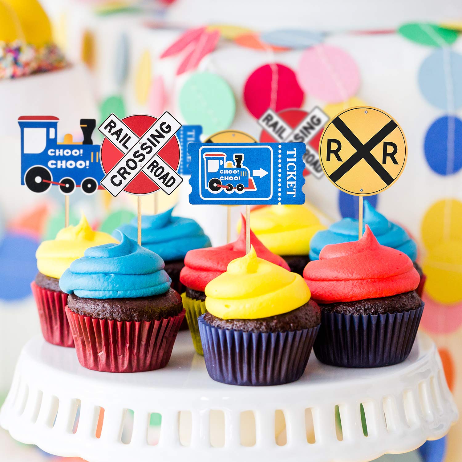 48 Pieces Railroad Party Crossing Decoration Railroad Train Crossing Cupcake Toppers Steam Train Cupcake Picks for Birthday Party Railway Steam Train Theme Party