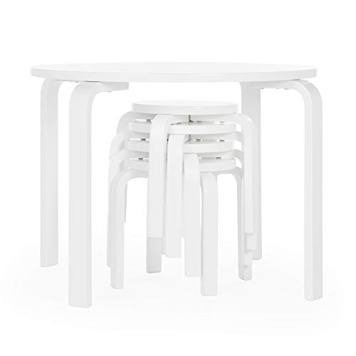 Guidecraft Nordic Table and Chairs Set for Kids: White - Stacking Bentwood Stools with Curved Wood Toddler Activity Table - Children's Modern Bedroom, Playroom, and Living Room Furniture