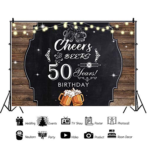 OERJU 6x4ft Happy 50th Birthday Backdrop Wooden Plank Cheers and Beers 50 Years Birthday Background for Photography 50th Birthday Party Decor Banner for Men