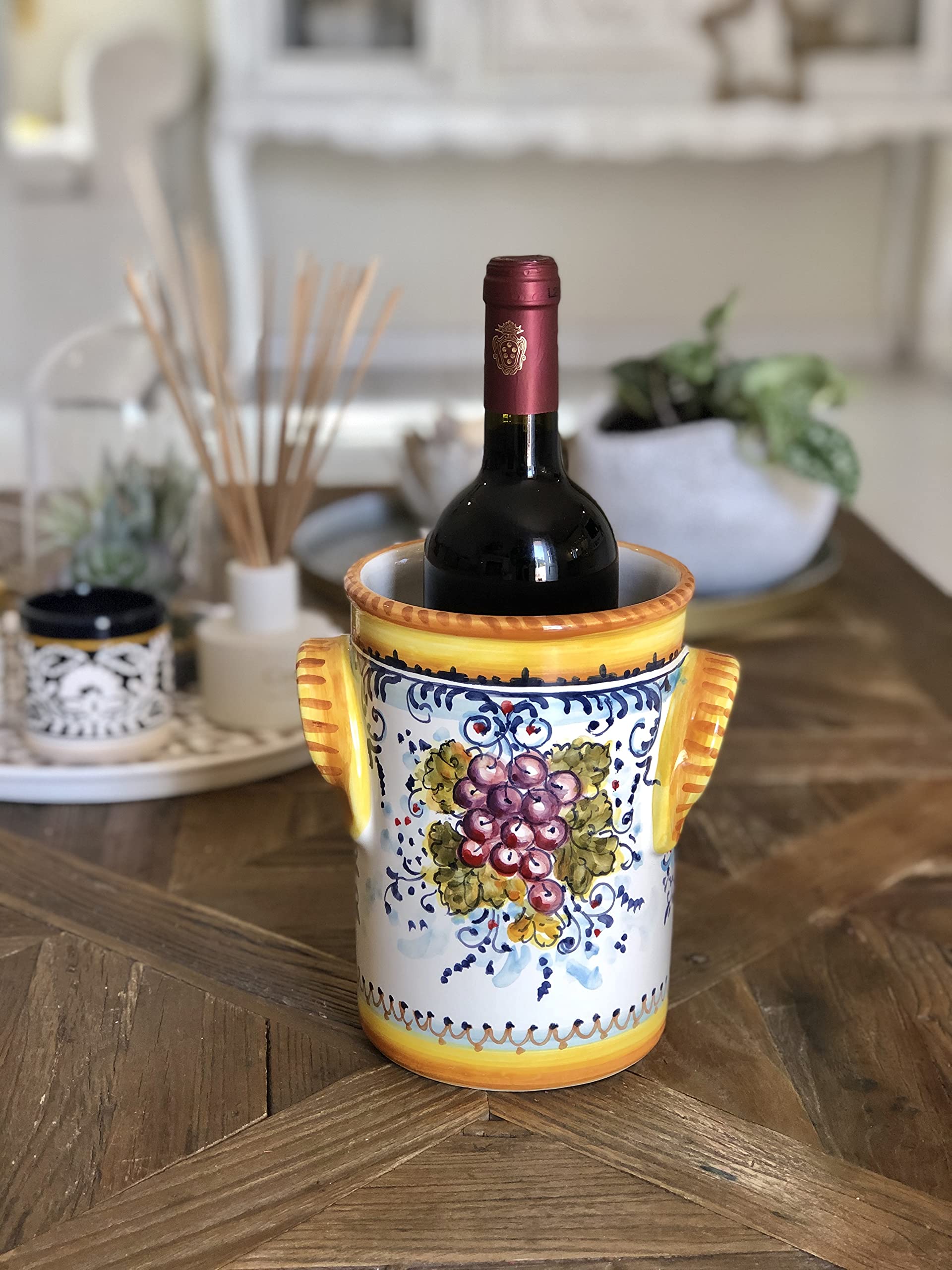 CERAMICHE D'ARTE PARRINI- Italian Ceramic Utensil Holder Wine Bottle Hand Painted Made in ITALY Decorated Grape Montalcino Tuscan Art Pottery