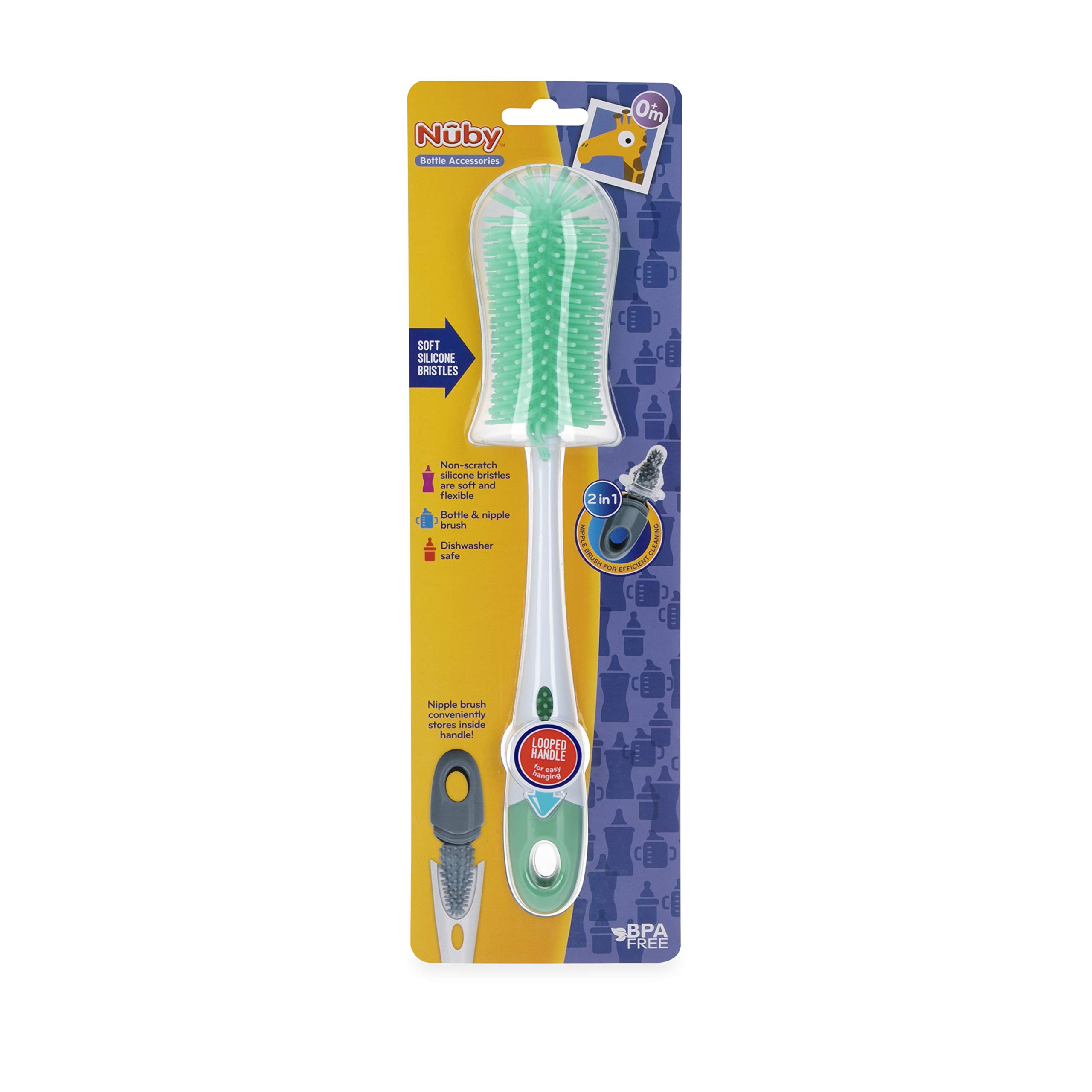 Nuby Soft Non-Scratch Silicone Bristle Bottle & Nipple Brush with Looped Handle, Aqua