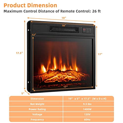 Tangkula 18 Inches Electric Fireplace Insert, Recessed 1400 W Electric Fireplace w/Adjustable Flame & Heat, Built-in Timer & Thermostat, Control Panel & Remote and Overheat Protection, Black