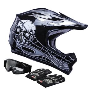 tct-motorparts black skull boy dot kids youth motocross helmets atv off-road dirt bike motorcycle full face helmet+gloves+goggles x-large