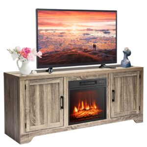 tangkula fireplace tv stand, with 18” electric fireplace with adjustable flame & heat, timer and remote control, farmhouse media entertainment center for tvs up to 65 inches with 1400w fireplace