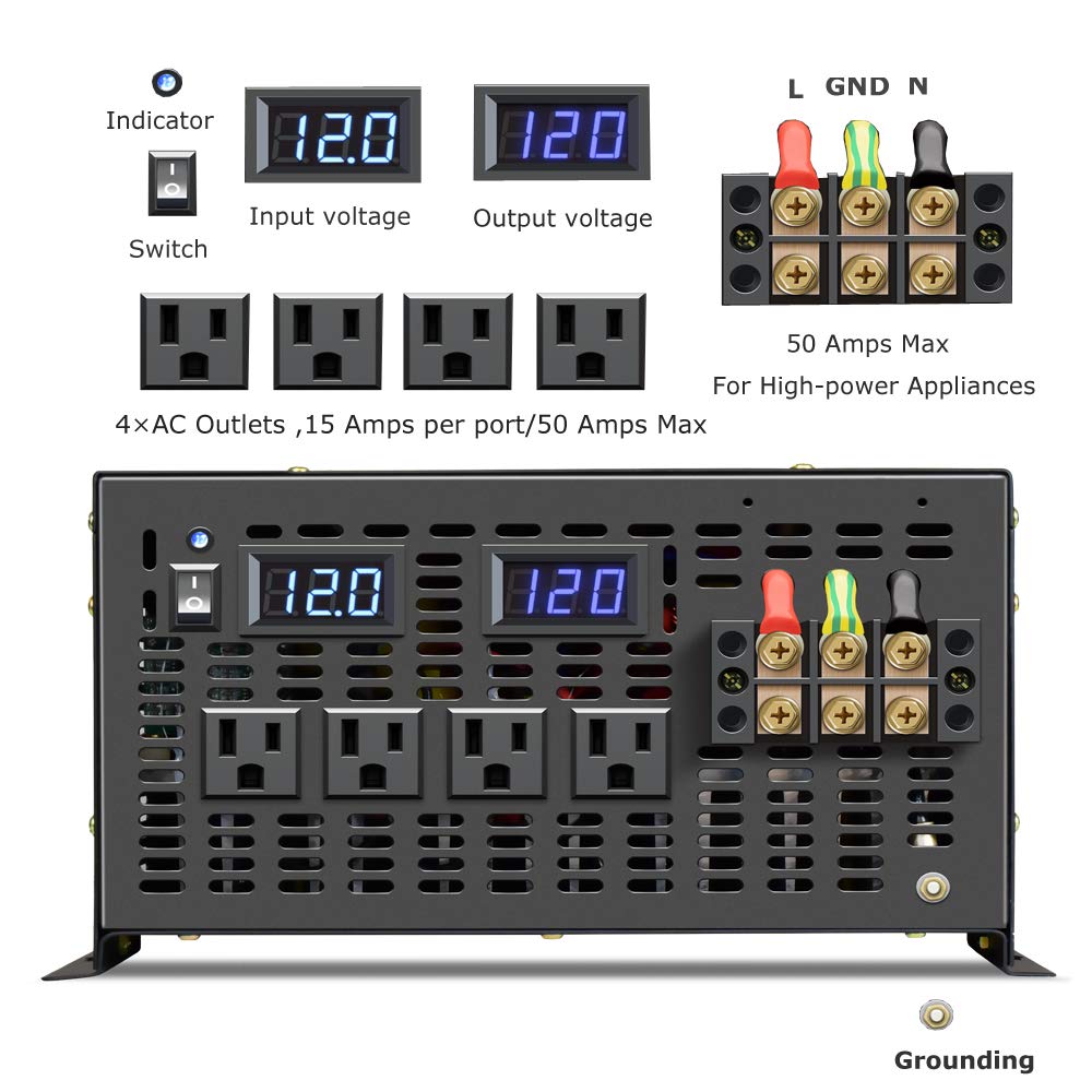 WZRELB Pure Sine Wave 6000W (10000W Surge) 12VDC 120VAC Power Inverter - Solar, RV (RBP-600012S)