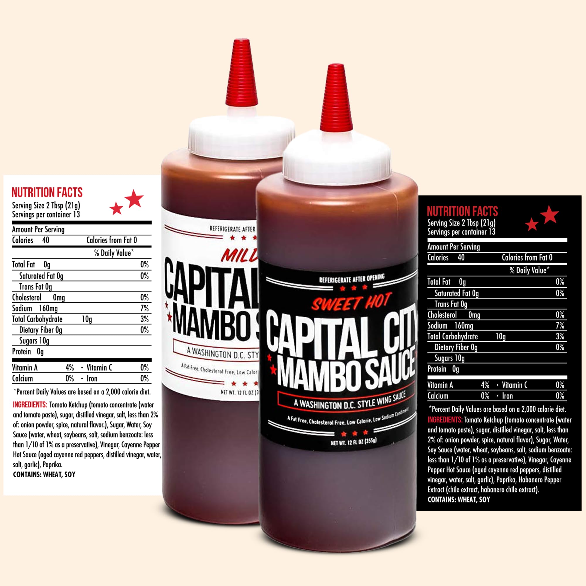 Capital City Mambo Sauce - Variety 2 Pack - Sweet Hot & Mild | Washington DC Wing Sauces | Perfect Condiment Topping for Wings, Chicken, Pork, Beef, Seafood, Burgers, Rice or Noodles | 12 fl oz Bottles