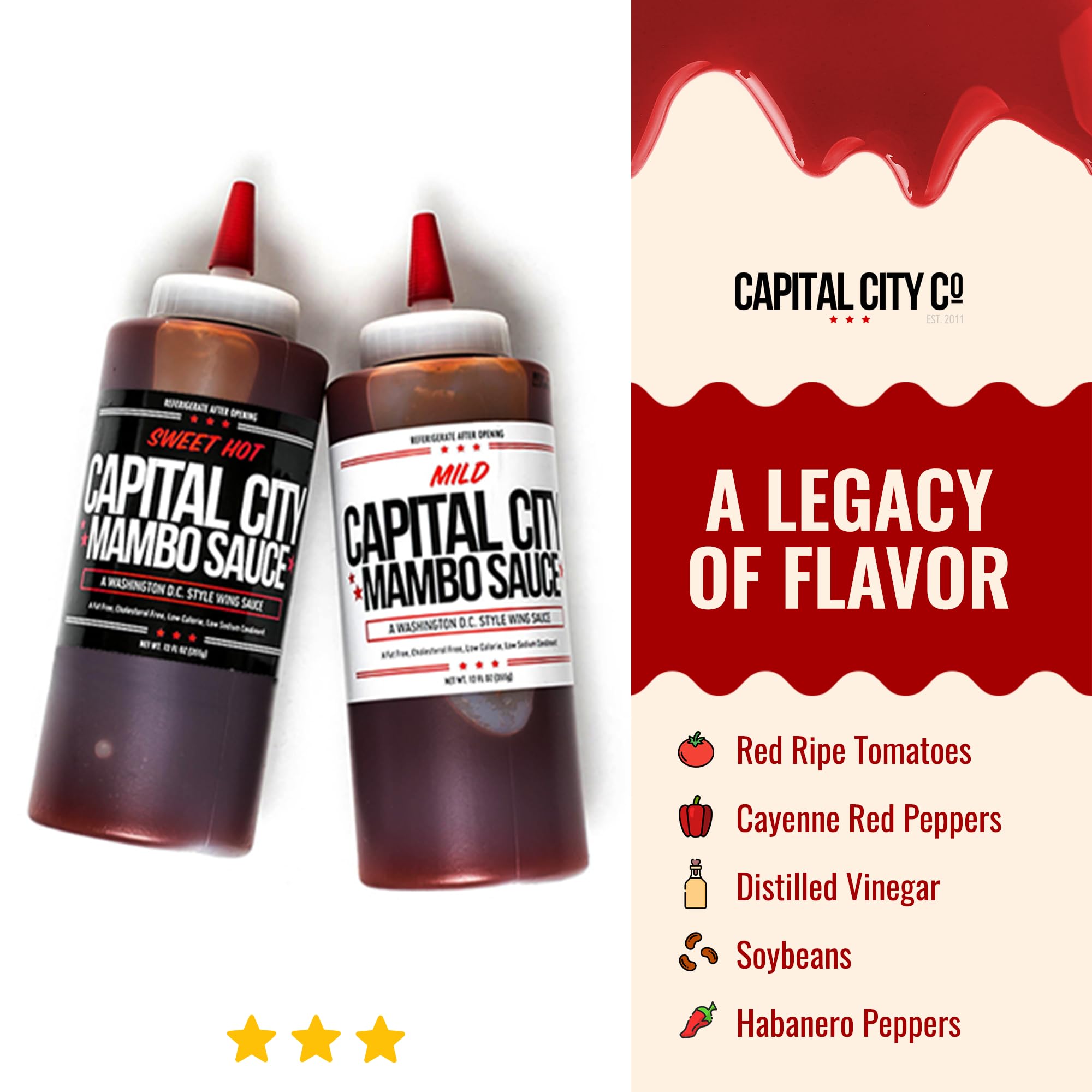 Capital City Mambo Sauce - Variety 2 Pack - Sweet Hot & Mild | Washington DC Wing Sauces | Perfect Condiment Topping for Wings, Chicken, Pork, Beef, Seafood, Burgers, Rice or Noodles | 12 fl oz Bottles