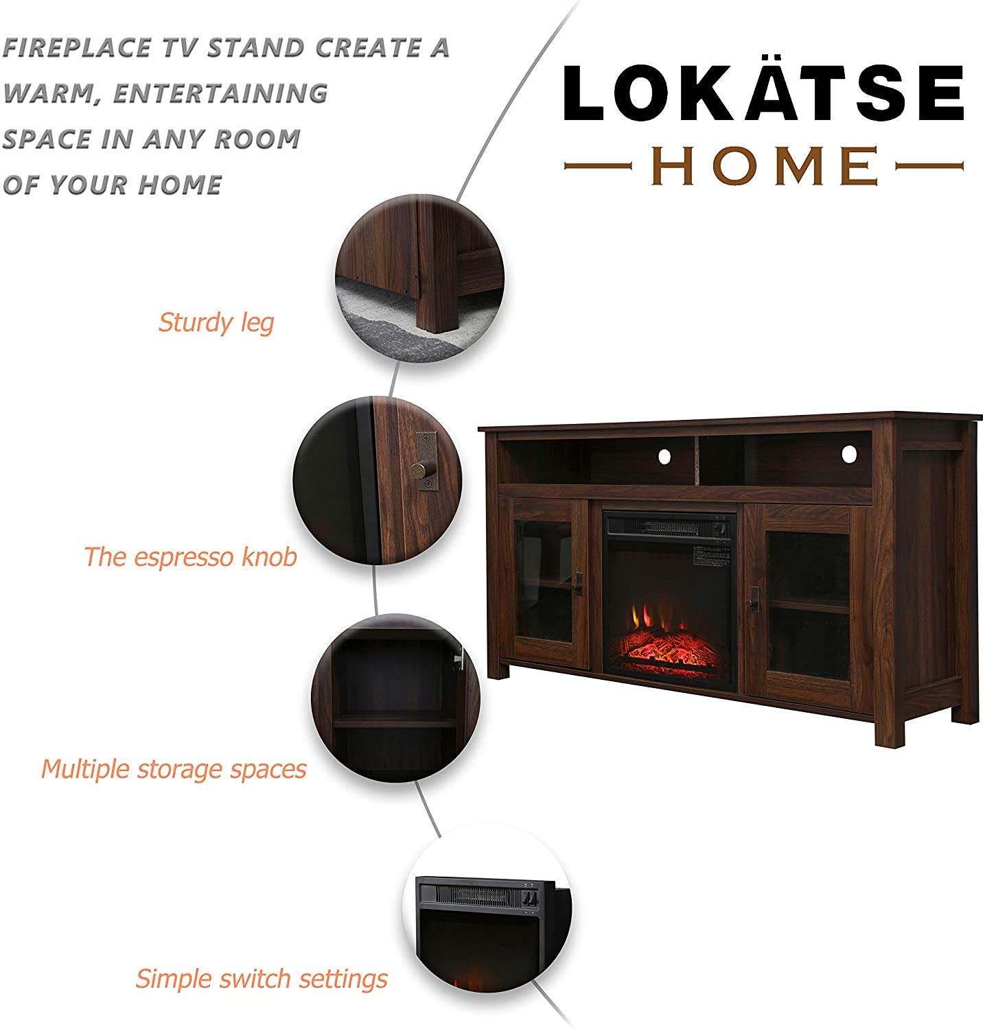 LOKATSE HOME Electric Fireplace Stand Console for TV's Up to 60" Living Room Storage Entertainment Center, Espresso