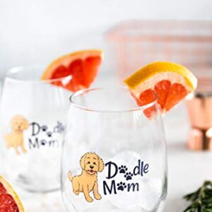 Drinking Divas - Doodle Mom - Stemless Wine Glass - Funny Gifts for Women, Mom, Best Friend, Sister, Girlfriend, Wife, Boss and Cute Dog Lovers - Unique Mother's Day, Birthday and Christmas Gift