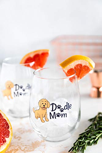 Drinking Divas - Doodle Mom - Stemless Wine Glass - Funny Gifts for Women, Mom, Best Friend, Sister, Girlfriend, Wife, Boss and Cute Dog Lovers - Unique Mother's Day, Birthday and Christmas Gift