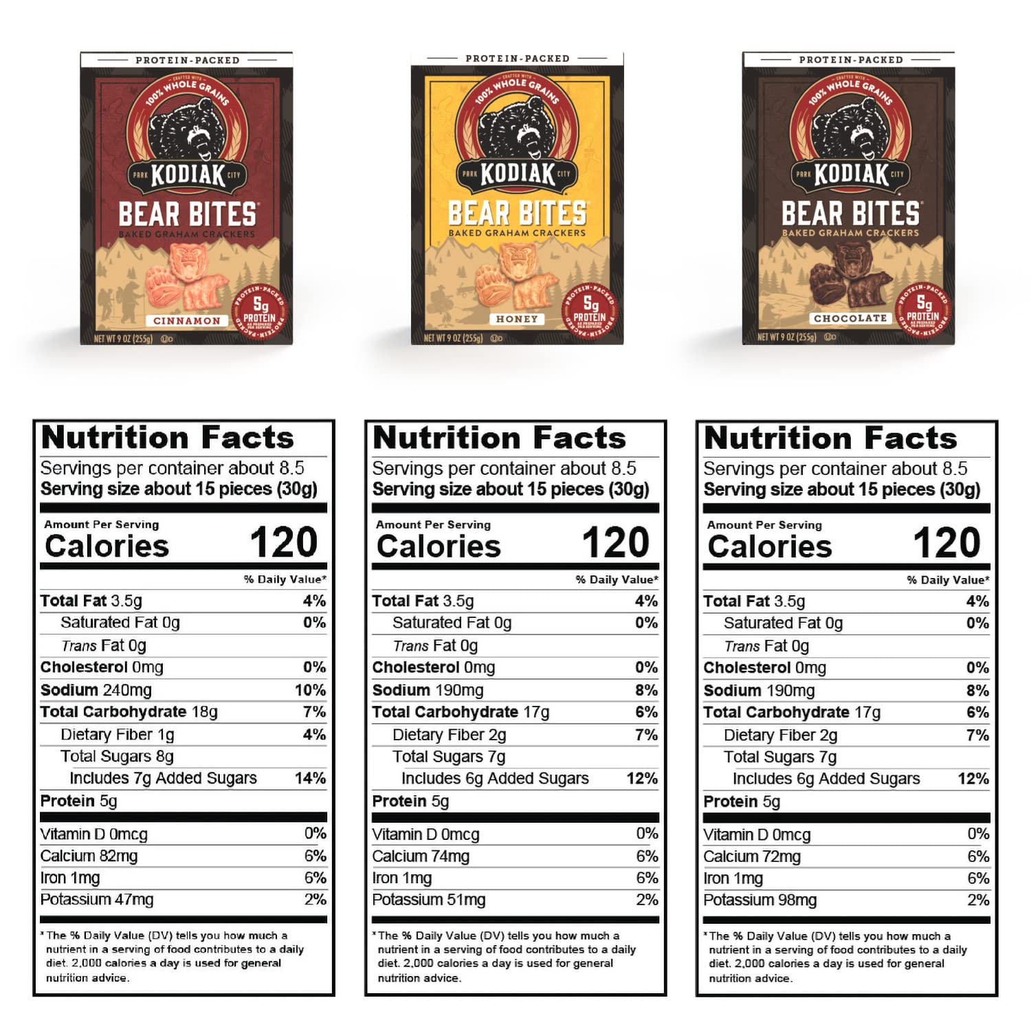 Kodiak Cakes Bear Bites Graham Crackers Variety Pack: Honey, Chocolate & Cinnamon Snacks