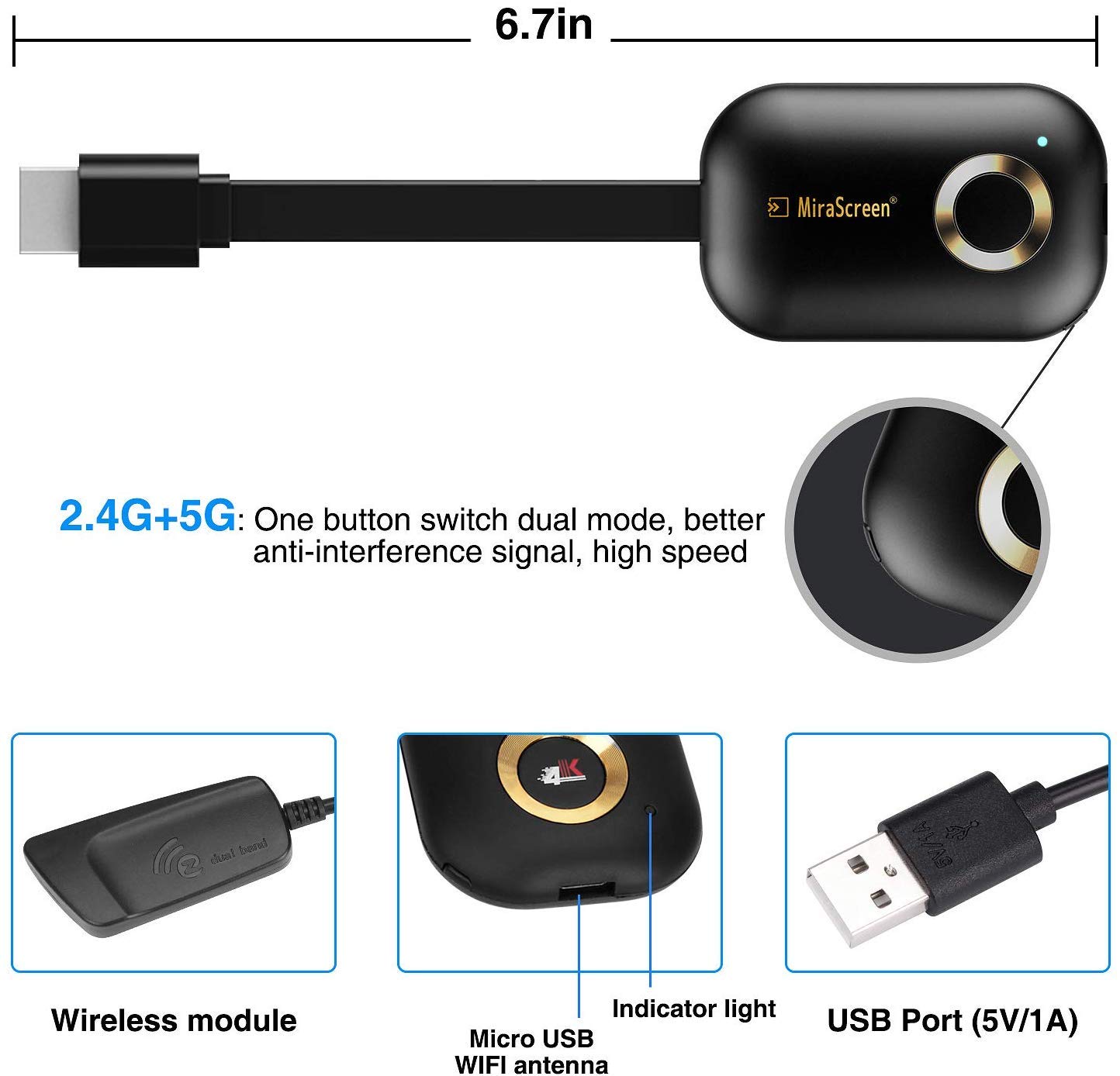 Wireless Display Dongle Adapter, 5GHz+2.4GHz WiFi Portable Display Receiver 1080P HDMI Screen Mirroring Compatible with Miracast/Airplay/Android/iOS/iPhone/iPad/Mac/PC/TV/Monitor