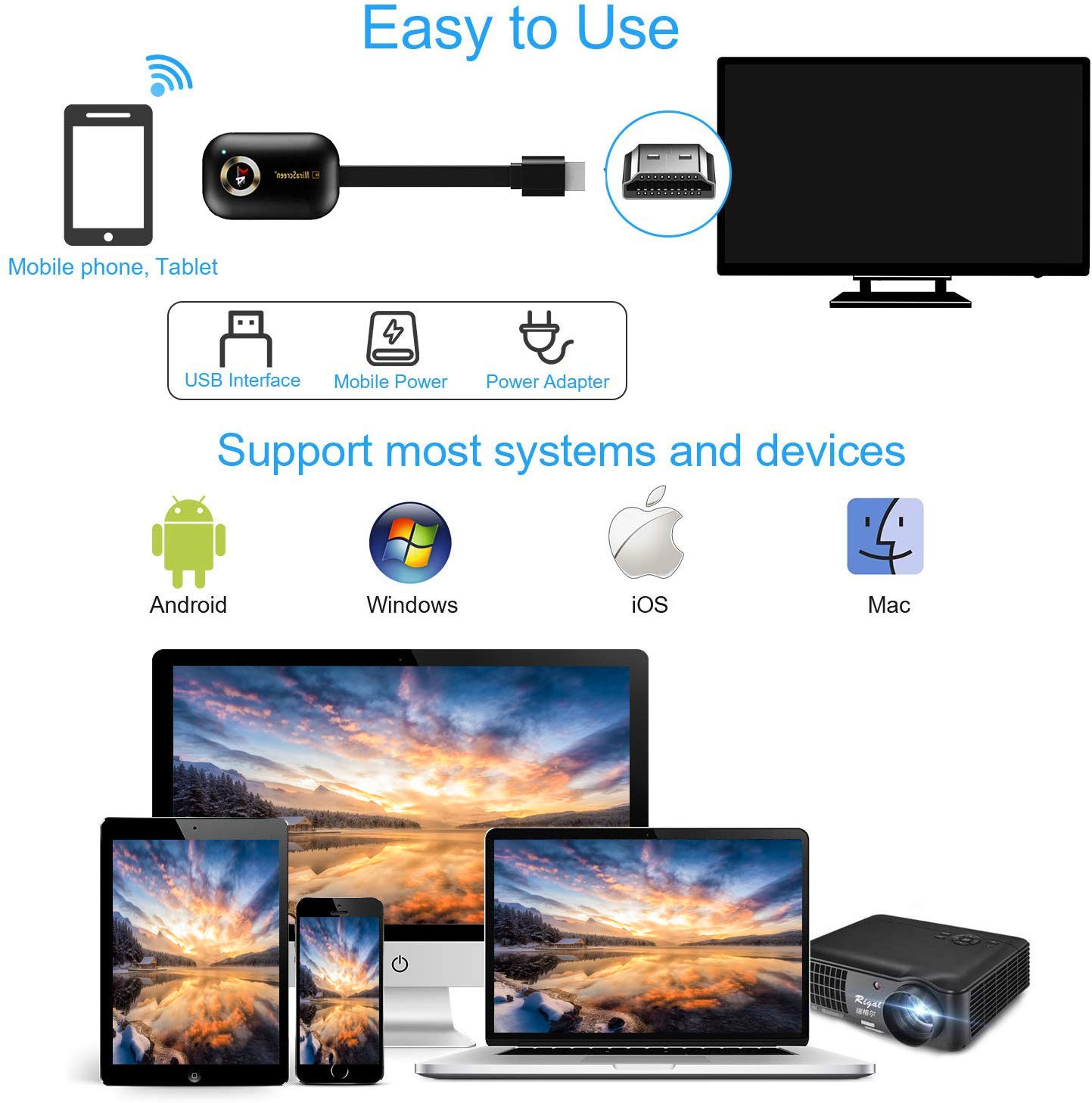 Wireless Display Dongle Adapter, 5GHz+2.4GHz WiFi Portable Display Receiver 1080P HDMI Screen Mirroring Compatible with Miracast/Airplay/Android/iOS/iPhone/iPad/Mac/PC/TV/Monitor