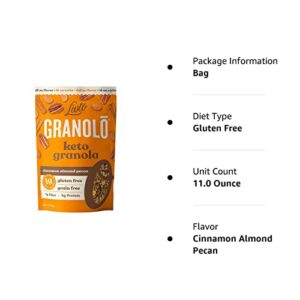 Livlo Keto Nut Granola Cereal - Grain Free & Gluten Free - 1g Net Carbs - Keto Friendly Low Carb Healthy Snack - Paleo & Diabetic Friendly Food - Cinnamon Almond Pecan, 11oz